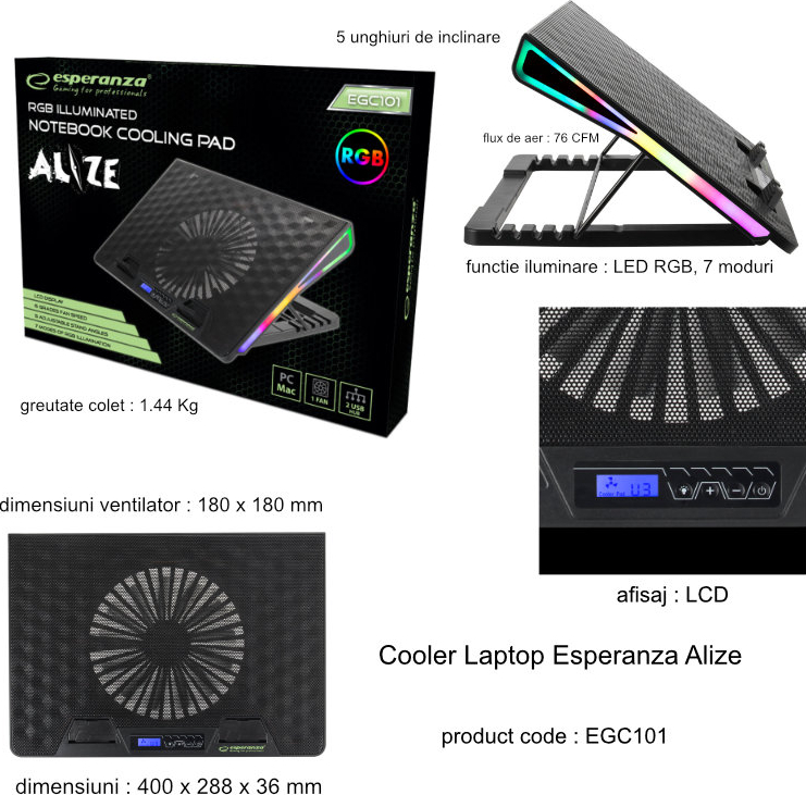 Cooler Laptop Esperanza Alize iluminare RGB 7 moduri display LCD Hub 2 ...