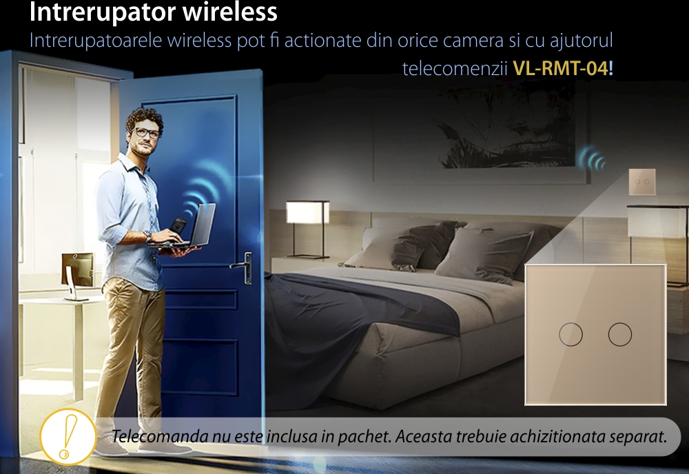 Intrerupator Dublu Wireless cu Touch Livolo din Sticla Securizata Alb