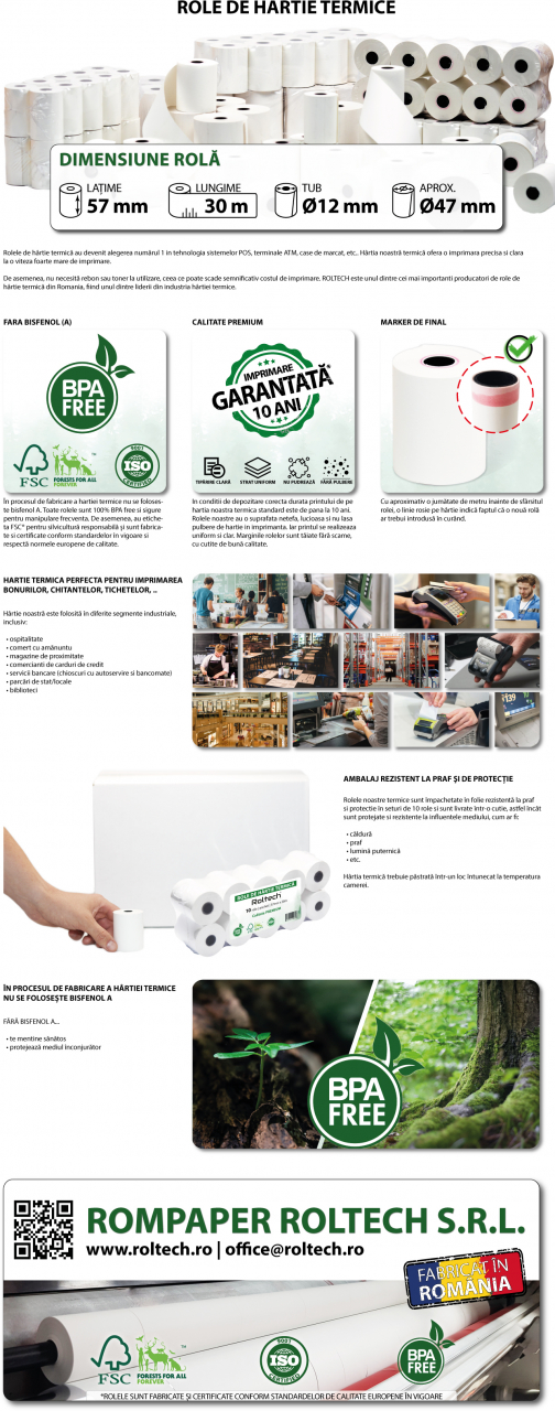 Role hartie termica ROLTECH 80mm x 60m non-BPA 60 role/cutie 6427416190684
