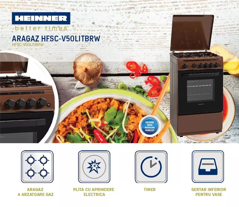 Aragaz Heinner HFSC-V50LITBRW 4 arzatoare Cuptor gaz Aprindere ...