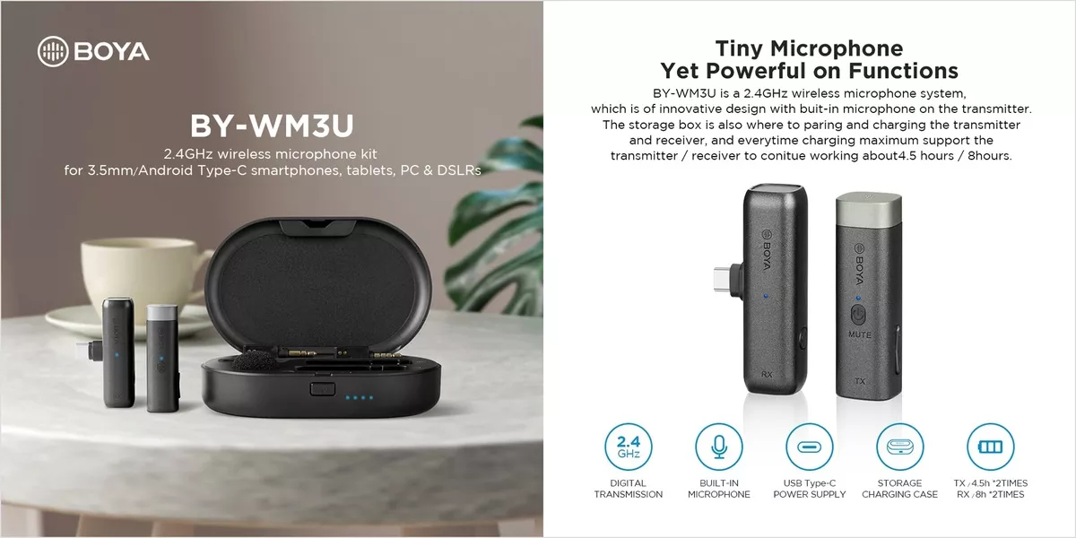 Sistem wireless Boya BY-WM3U cu microfon Incorporat 2.4GHz USB-C TRS 3.5mm