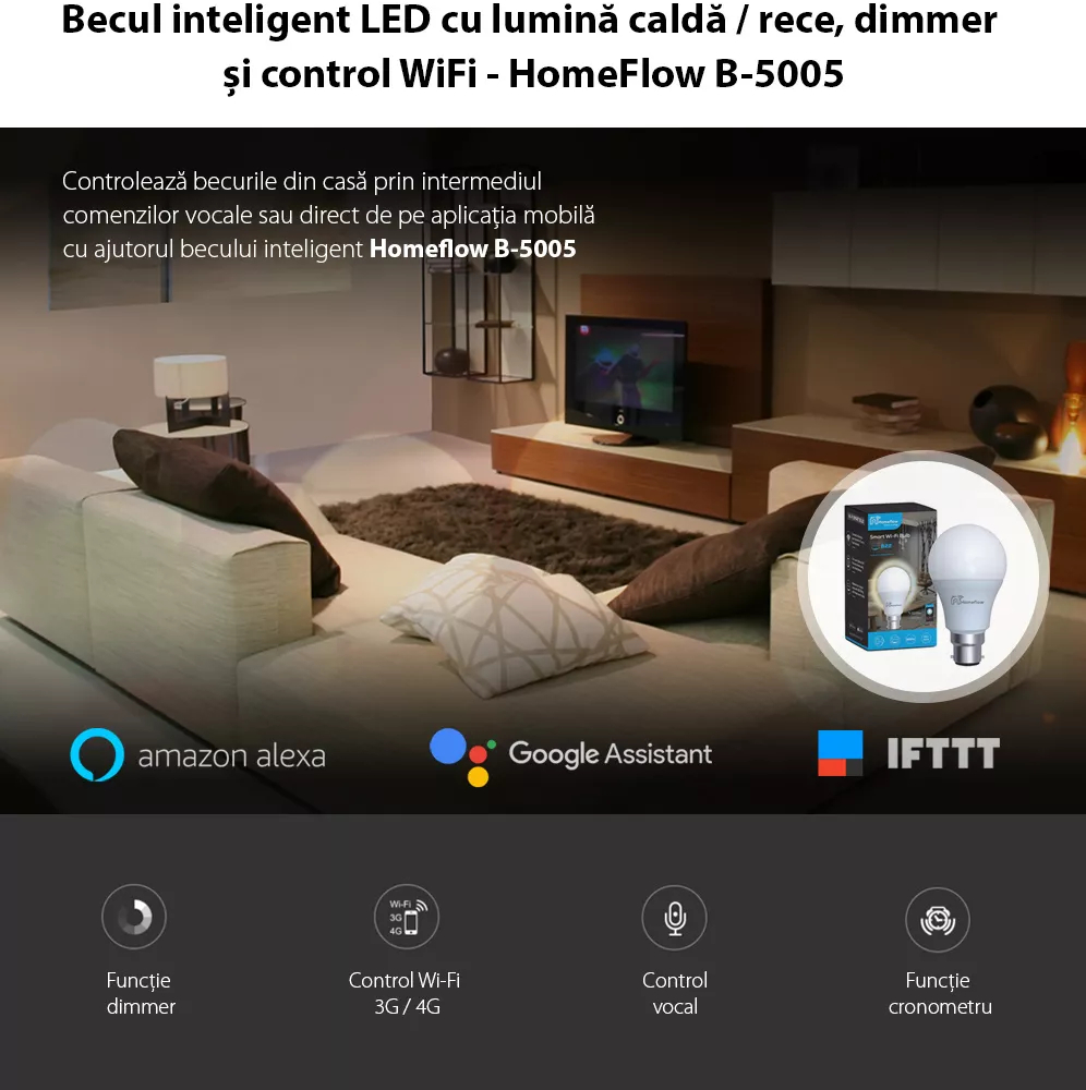 Bec inteligent LED Wireless Homeflow B-5005 B22 9W 806lm dimabil b-5005 ...