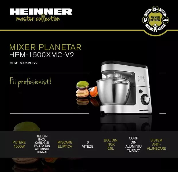 Mixer planetar Heinner HPM-1500XMC-V2 1500W 6 viteze Bol 5.5l Inox - cel.ro