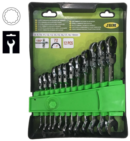 Set 12 chei combinate cu clichet JBM 51318 Crom-Vanadiu cap rotativ JB ...