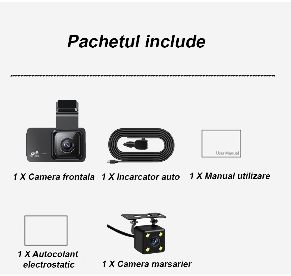 Camera Auto de bord DVR Wi-Fi Full HD 1296P Vichema® fata si spate Display