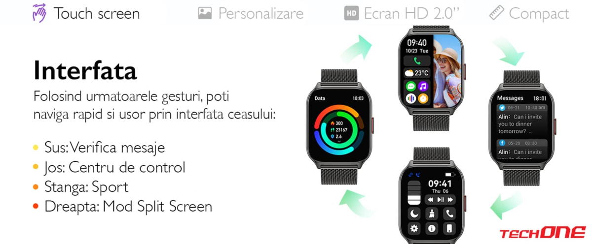Ceas Smartwatch Barbati TechONE Wand Pro 2 inch SUPER AMOLED Inteligent ...