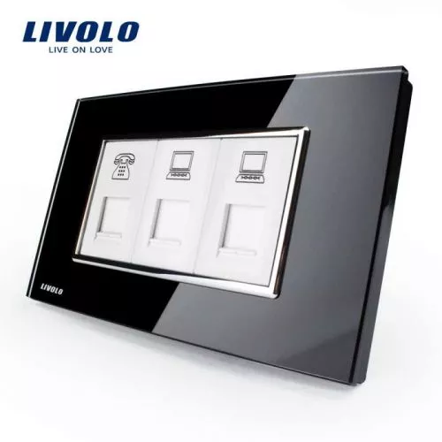 Priza telefon+dubla internet Livolo VL-C392TCC-82 cu rama din sticla ...