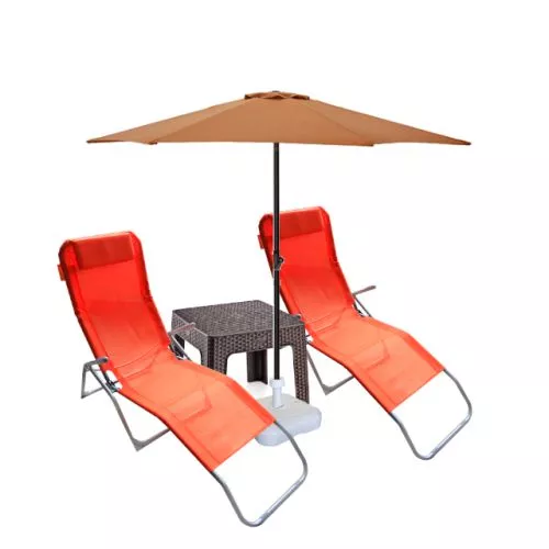 Set 2 sezlonguri pliant CULINARO oranj 140x58x98cm+masa cafea+umbrela ...