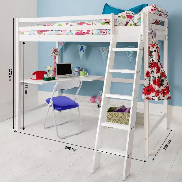 Pat pentru copil inaltat cu birou din lemn alb Bortis Impex bo-501 - cel.ro