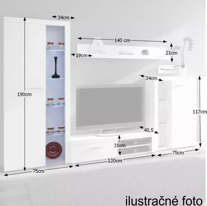 Set Living alb cu iluminare led in vitrine cu dulap 270 cm lungime ...