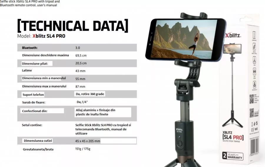 Set selfie Stick cu trepied si telecomanda Bluetooth Xblitz SL4 PRO ...