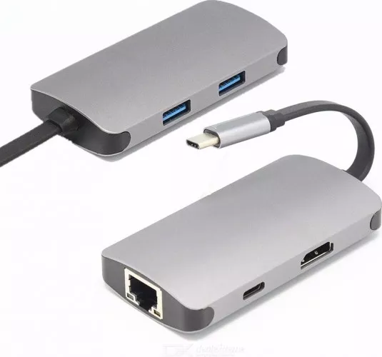 Hub Type C 5 in 1 Metalic Universal iesire RJ45 Enthernet 2USB 3.0 HDMI ...