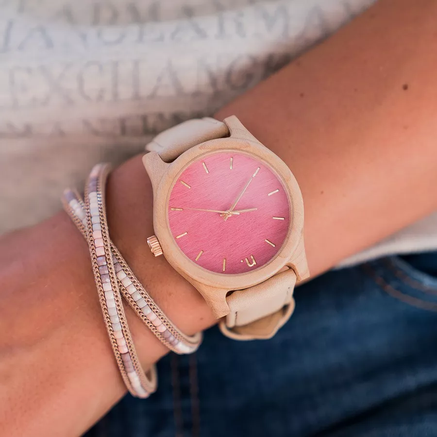 Ceas de dama din lemn Neat - Classic - 38mm Roz cu detalii aurii - lemn ...