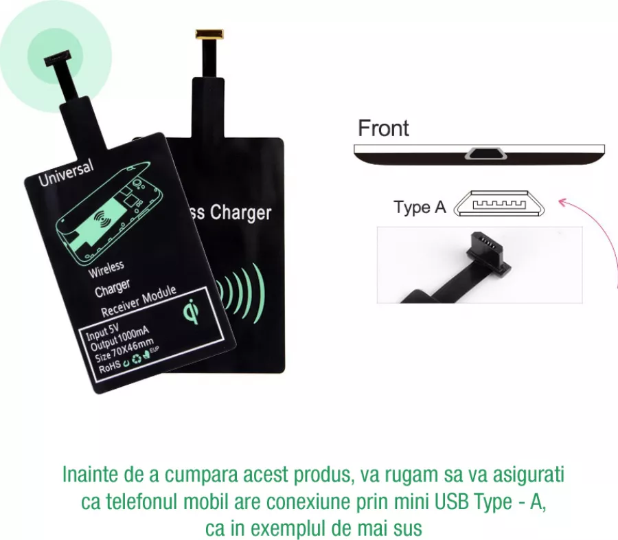 Incarcator Wireless Receiver Android Qi Type - A Mini USB Receiver ...