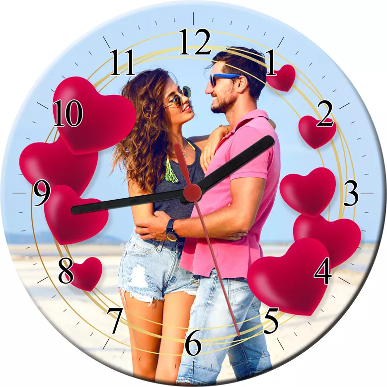 Ceas personalizat din sticla rotund model inimi cu o poza diametru 20 ...