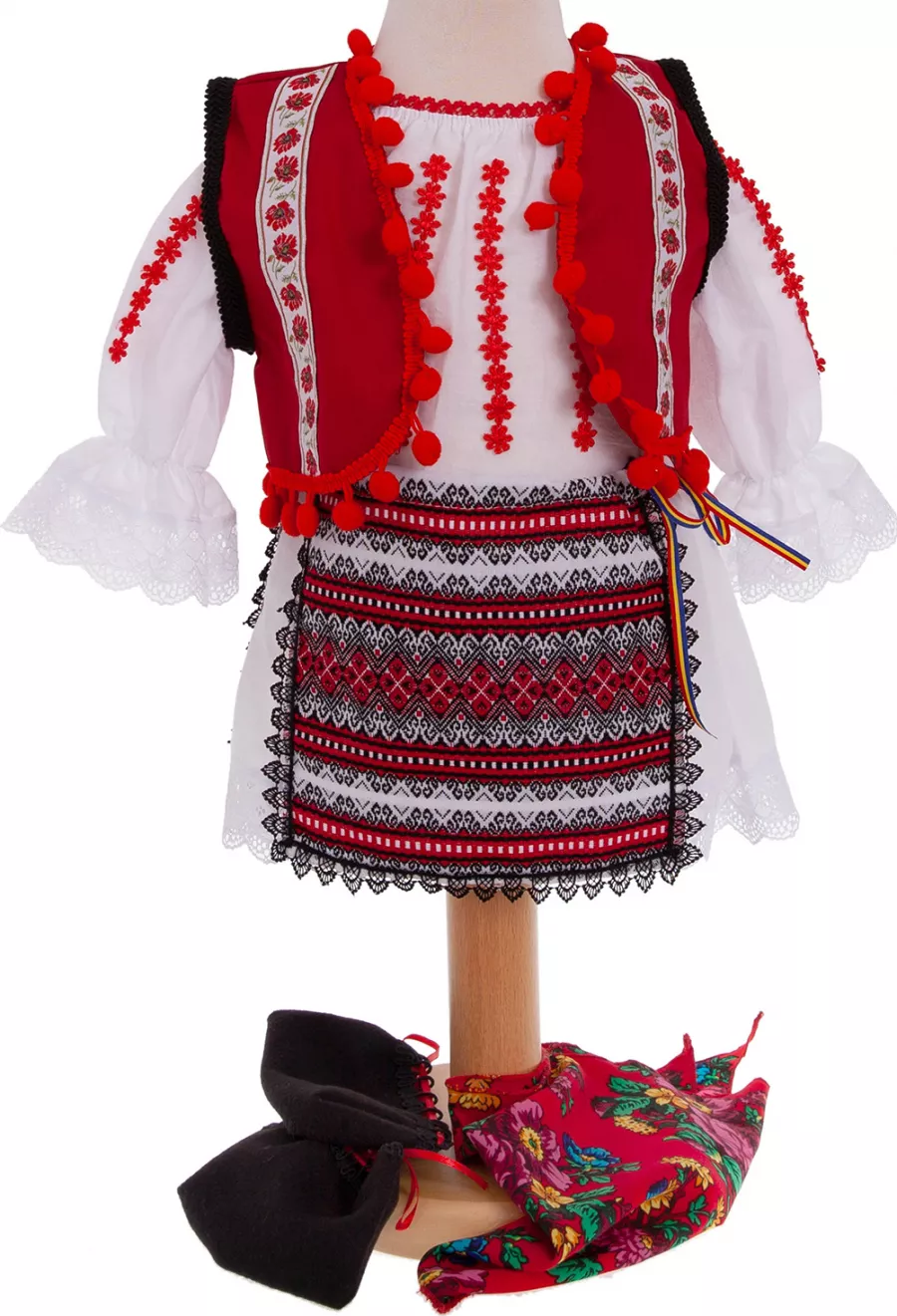 Costum popular traditional Ana maneca lunga 6 piese alb-rosu 3-6 luni ...