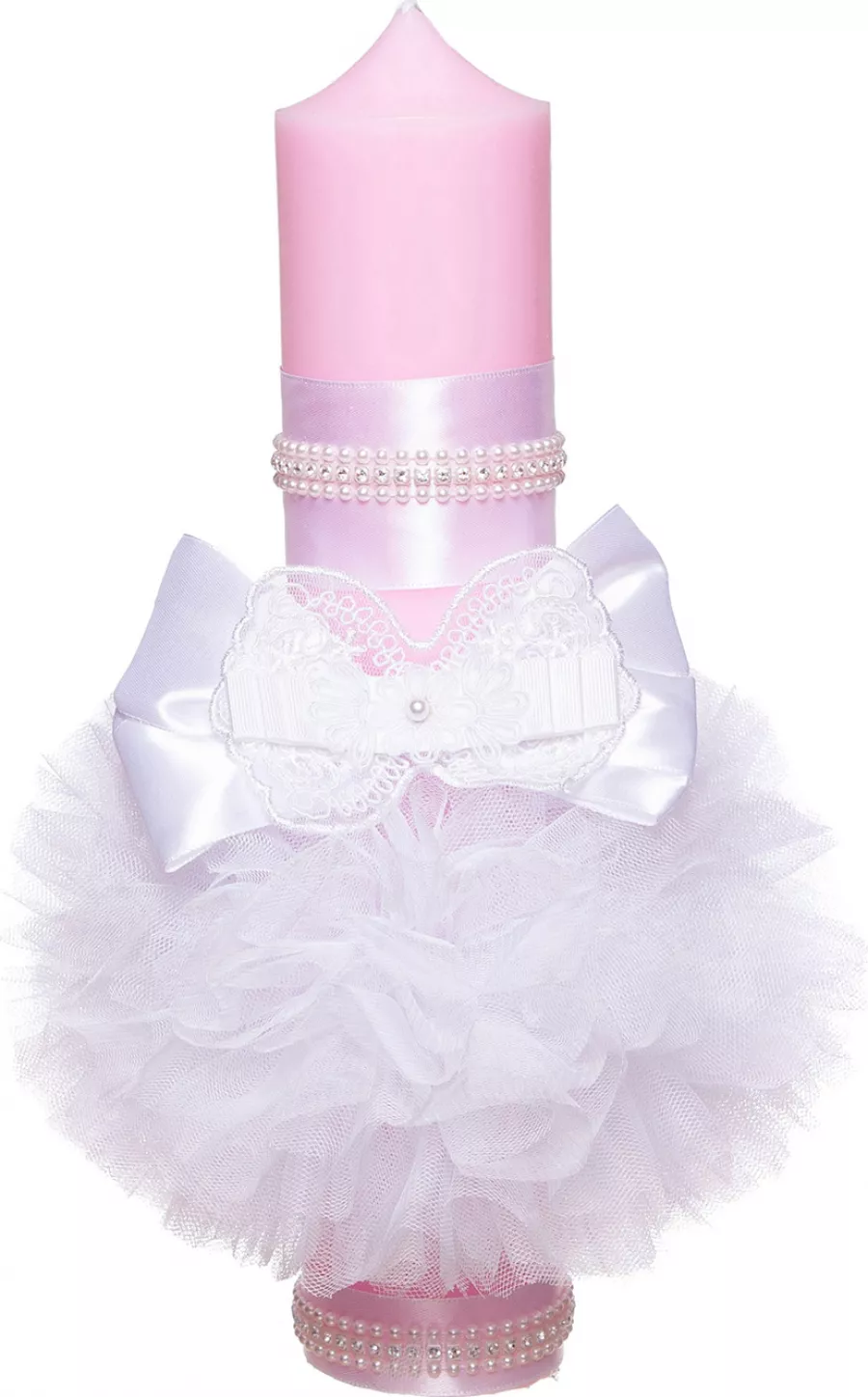 Lumanare botez cu tul Crystal Roz lucrata manual culoare alb-roz 30 x 6 ...