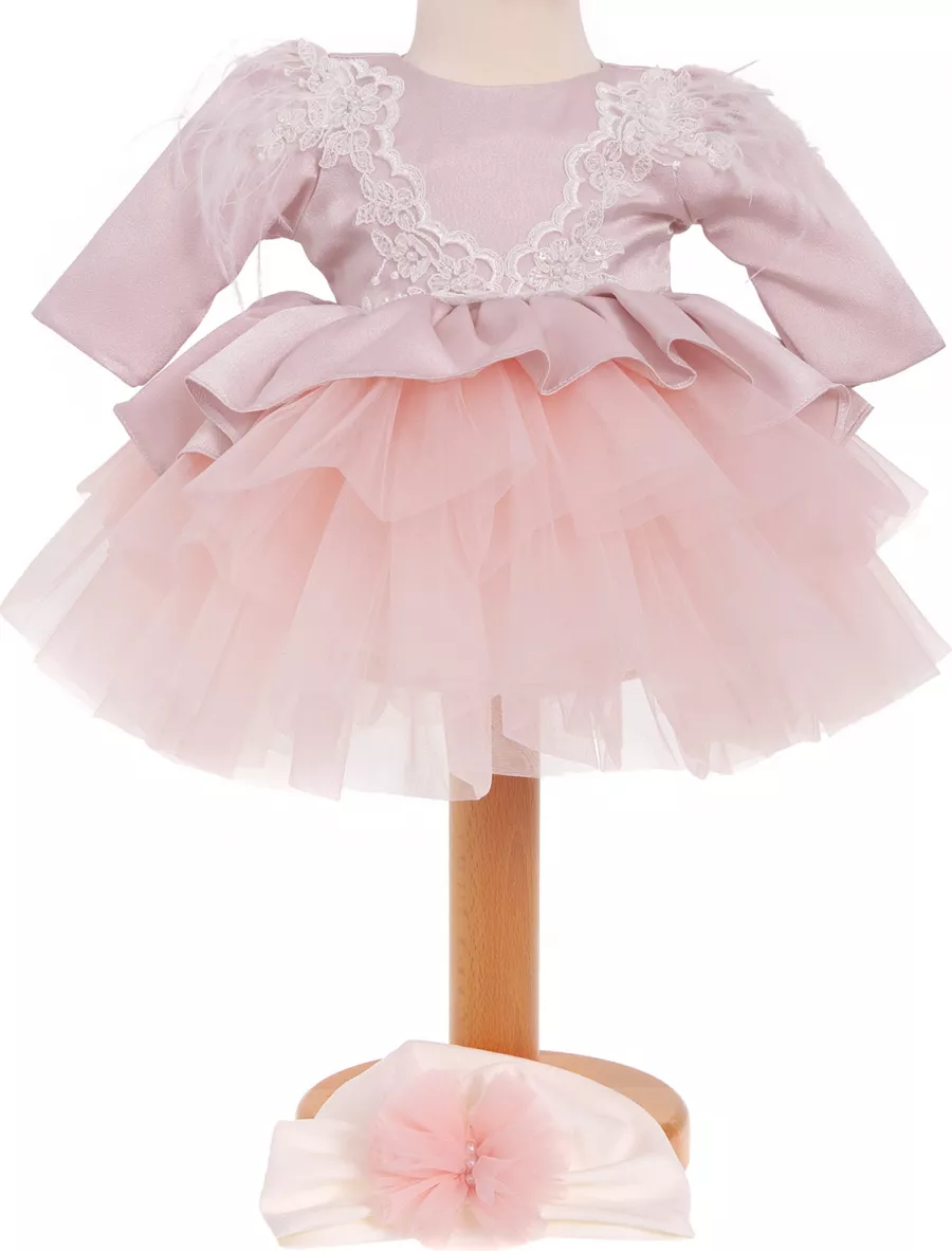 Rochita botez Beatrice culoare roz-pal maneca lunga 2 piese 3-6 luni ...