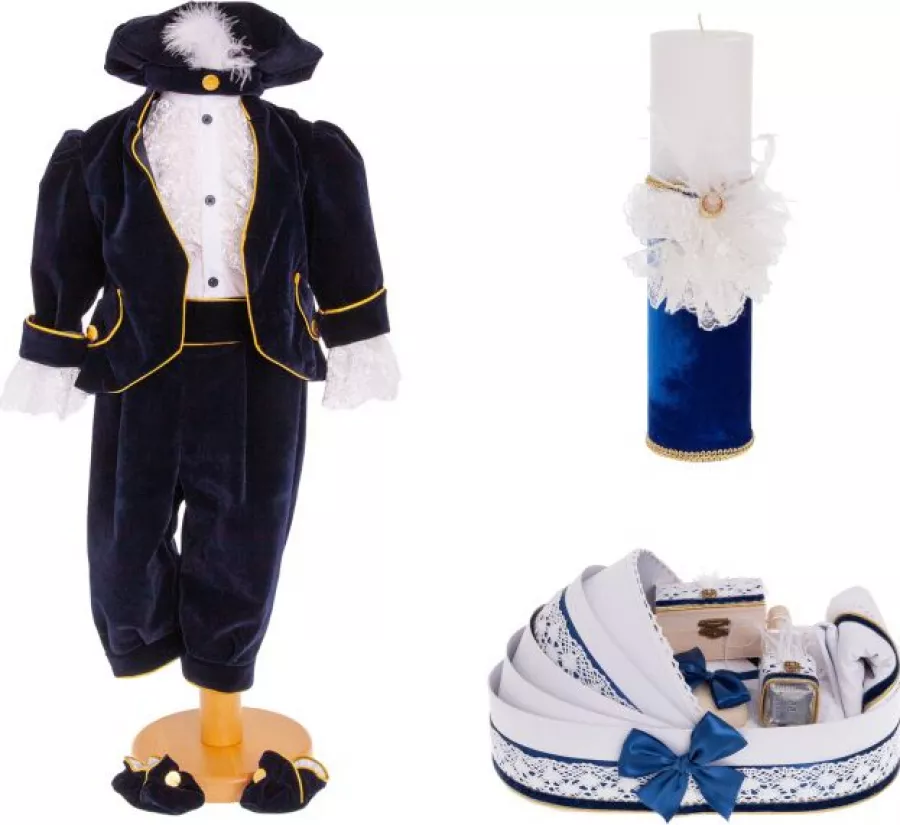 Set botez complet baiat catifea Print 1 culoare bleumarin 3 piese 3-6 ...