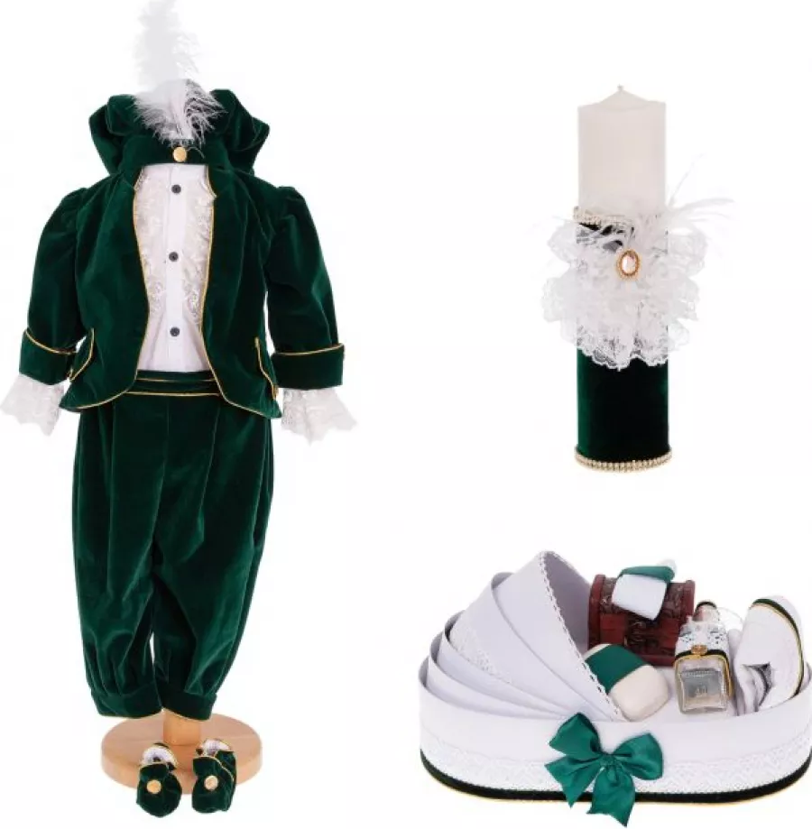 Set botez complet baiat catifea Print 1 culoare verde 3 piese 6-9 luni ...