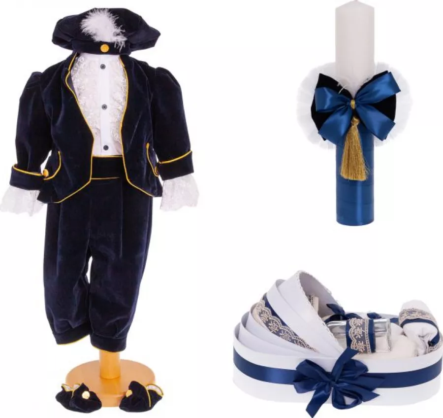 Set botez complet baiat catifea Print 2 culoare bleumarin 3 piese 3-6 ...