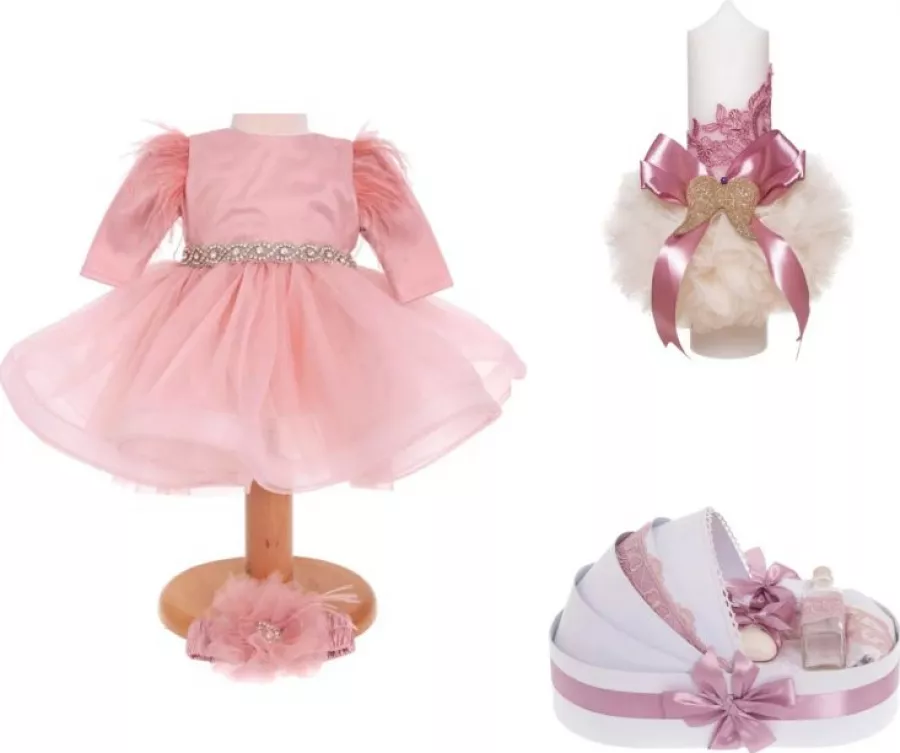 Set botez complet fata Bella 1 culoare roz prafuit 4 piese 3-6 luni 3sh ...