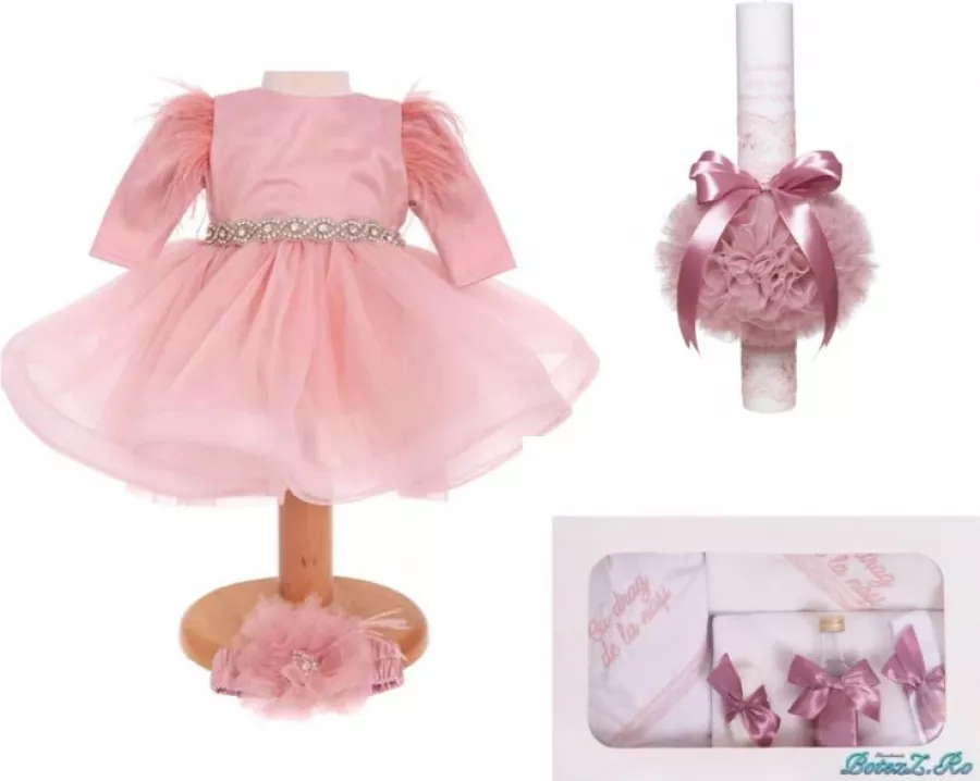 Set botez complet fata Bella 2 culoare roz prafuit 4 piese 3-6 luni 3sh ...