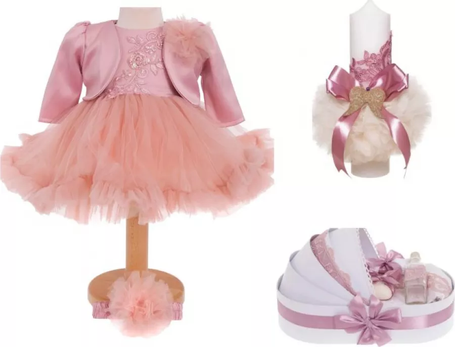 Set botez complet fata Lilly 1 culoare roz prafuit 5 piese 6-9 luni 3sh ...