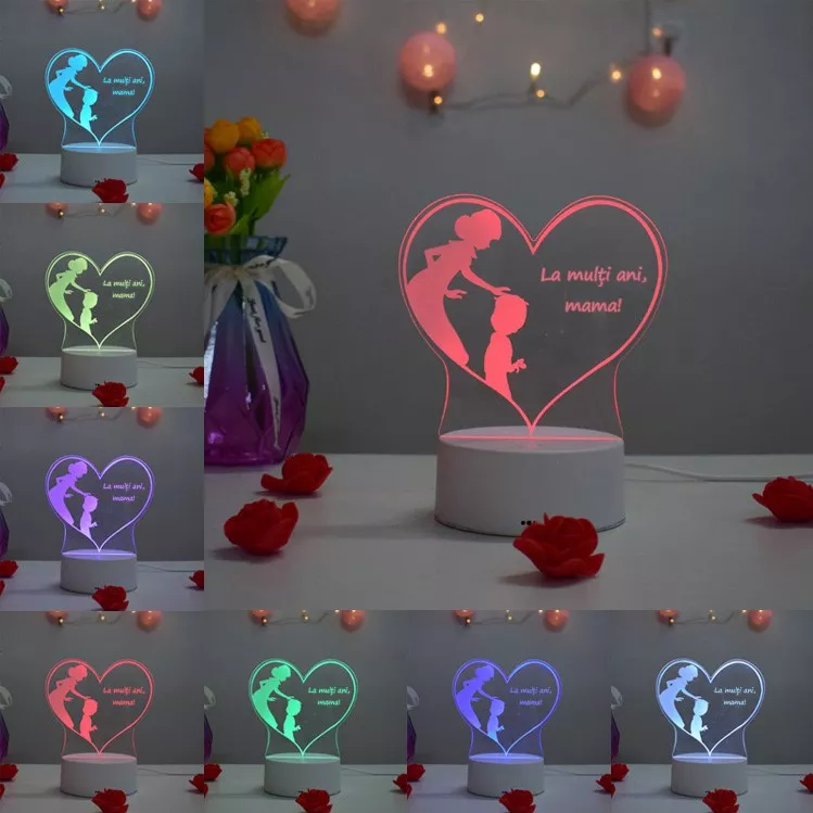 Lampa De Veghe 3D LED Inima La multi ani mama fetita 7 Culori Lumina ...
