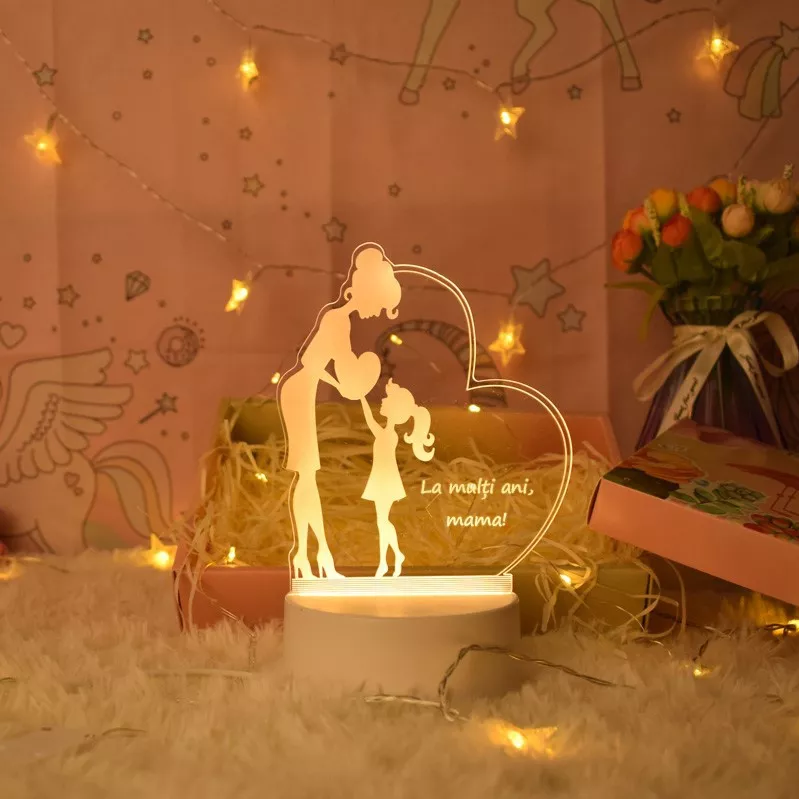 Lampa De Veghe 3D LED Inima La multi ani mama fetita 7 Culori Lumina Ambientala - cel.ro