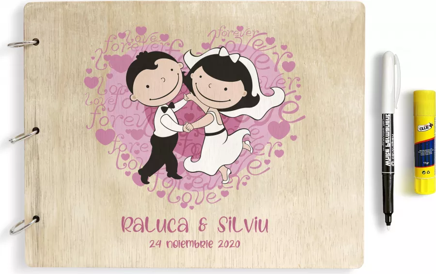 Set Guestbook din lemn personalizat prin printare UV 2 x carioca alba ...