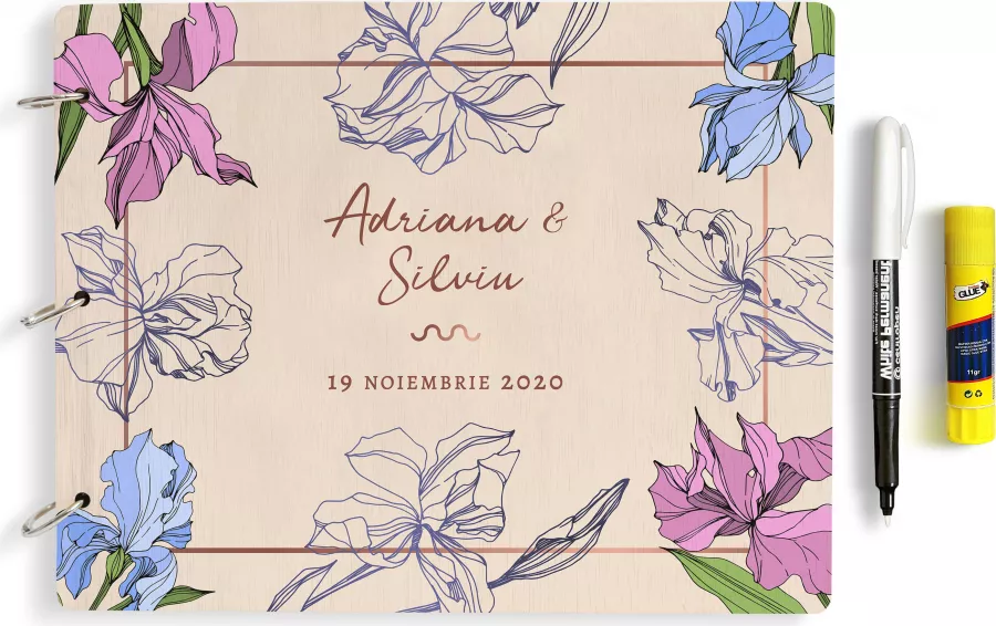 Set Guestbook din lemn personalizat prin printare UV 2 x carioca alba ...
