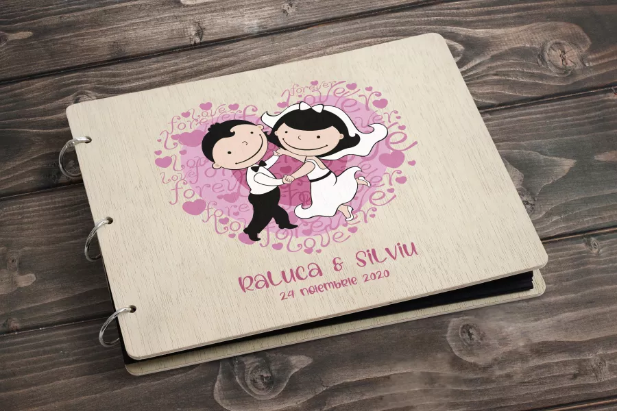 Set Guestbook din lemn personalizat prin printare UV 2 x carioca alba ...