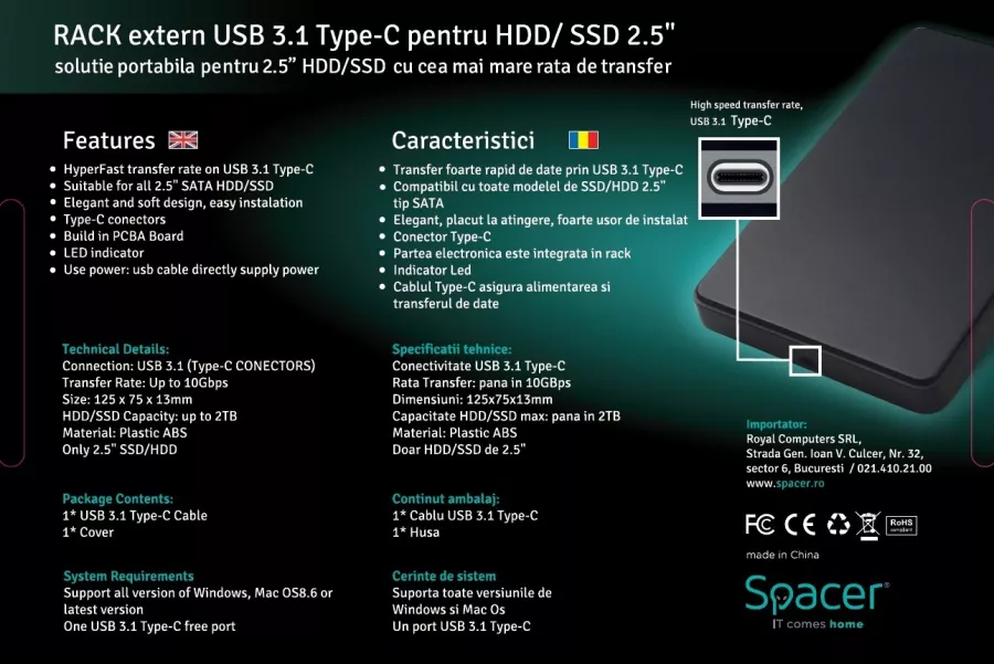 Rack HDD/SSD Spacer SPR-TYPE-C-01 2.5 inch Negru spr-type-c-01 - cel.ro