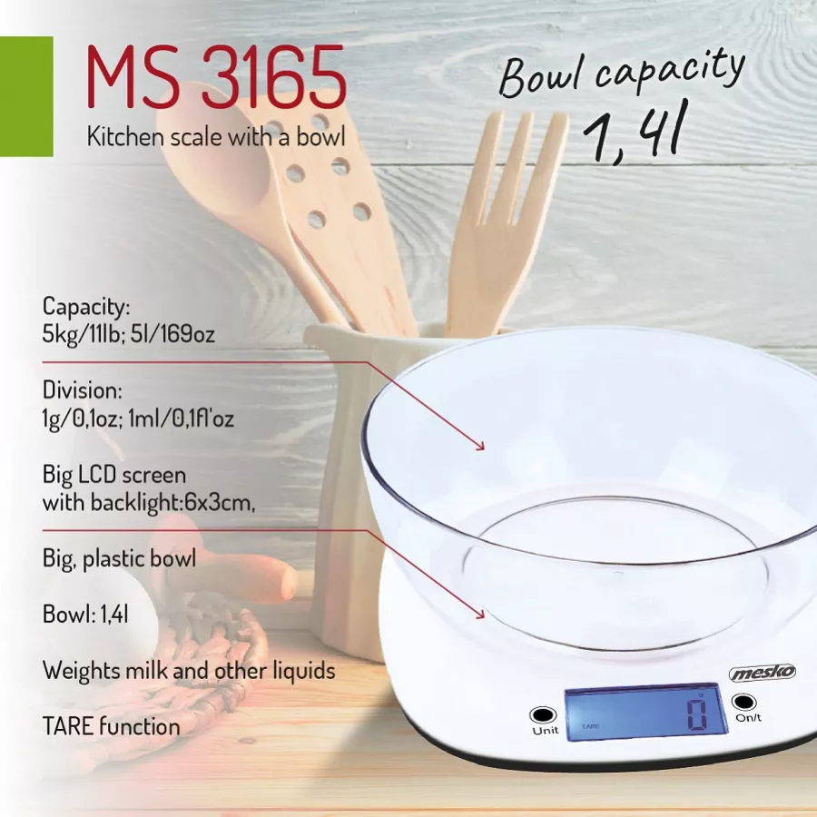 Cantar electronic de bucatarie cu bol 1.4l MEMS3165 cantarire maxima 5 kg - cel.ro