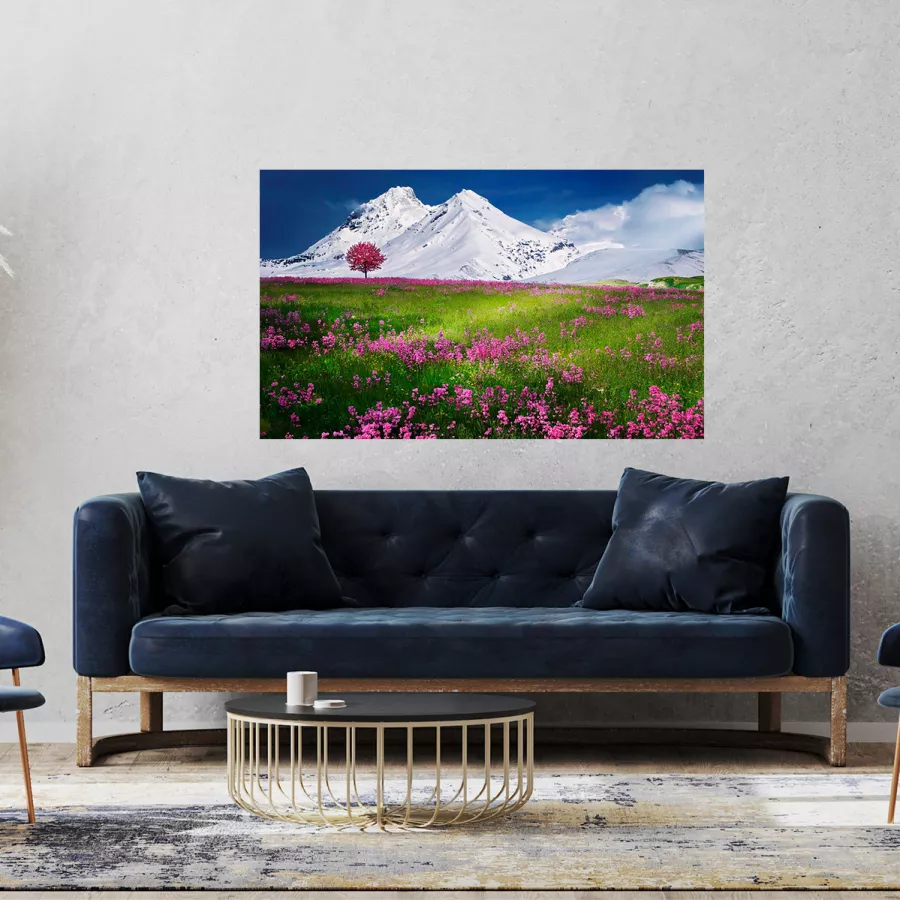 Tablou cu Peisaj de primavara Un camp de flori violet de primavara si ...