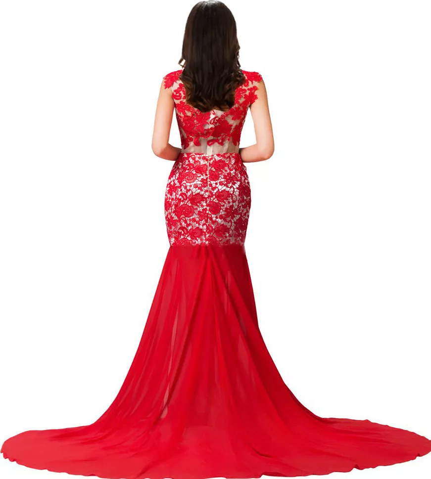 Rochie sirena din dantela rosie marimea 38 M R17938 - cel.ro