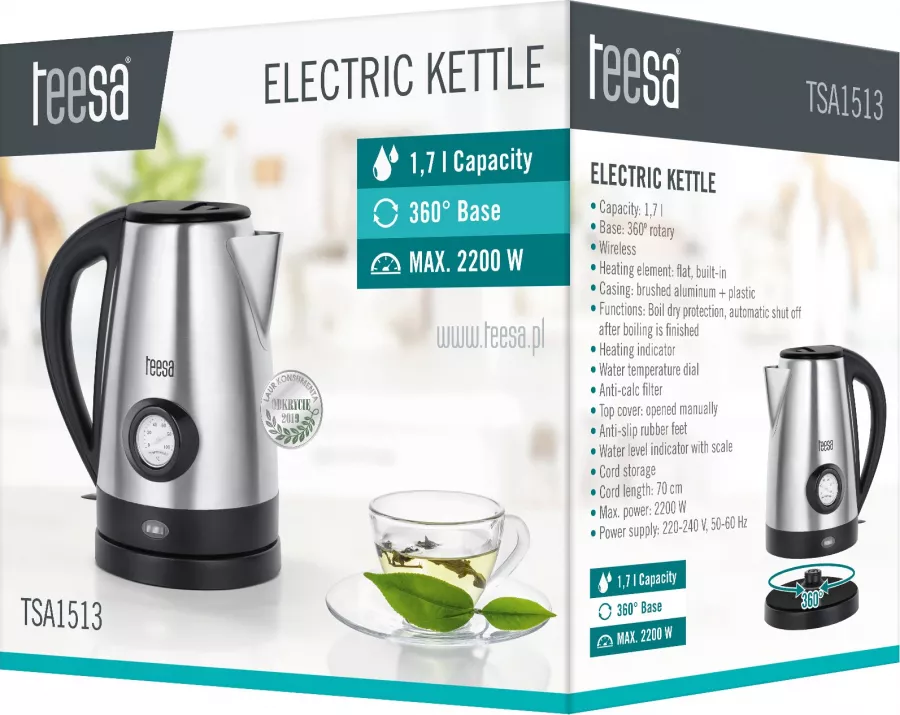 Fierbator electric cordless 1.7 L Teesa cu indicator temperatura apa ...