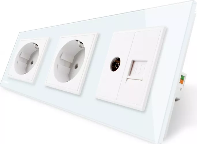 Priza tripla Livolo cu rama din sticla 2 prize simple + TV si internet ...