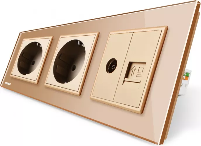 Priza tripla Livolo cu rama din sticla 2 prize simple + TV si internet ...