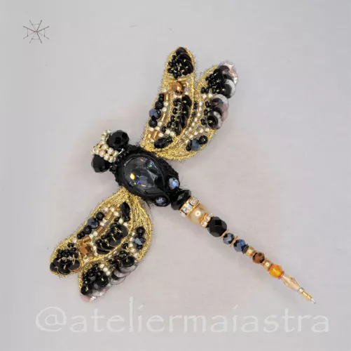 Brosa libelula negru auriu 3D Swarovski handmade brosa insecta lib 2 ...