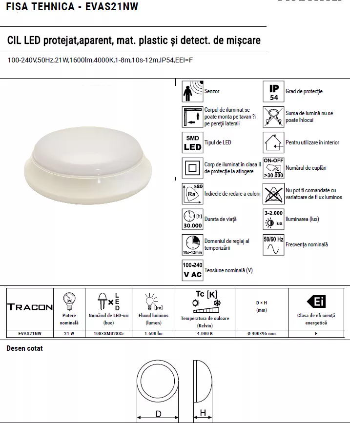 CIL LED protejat aparent mat. plastic si detect. de miscare EVAS21NW ...