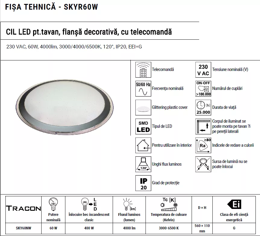 CIL LED pt.tavan flansa decorativa cu telecomanda SKYR60W - cel.ro