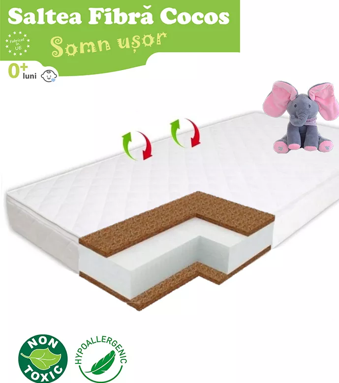 Saltea pentru Bebelusi TiBebe Somn Usor 120x60x12 Fibra de Cocos Husa