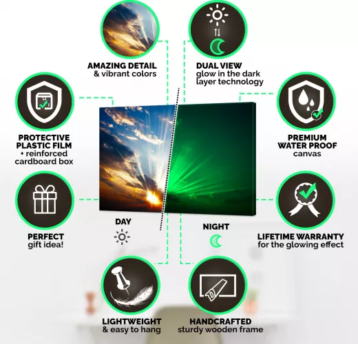 Tablou luminos in intuneric GlowforHome Apus de soare colorat 60 cm x ...