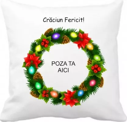 Perna personalizata patrata alba model Craciun si poza ta poliester ...