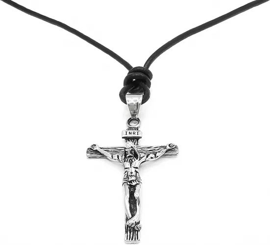 Cruciulita inox Isus Hristos Rastignit pe Cruce cu Snur negru din Piele ...