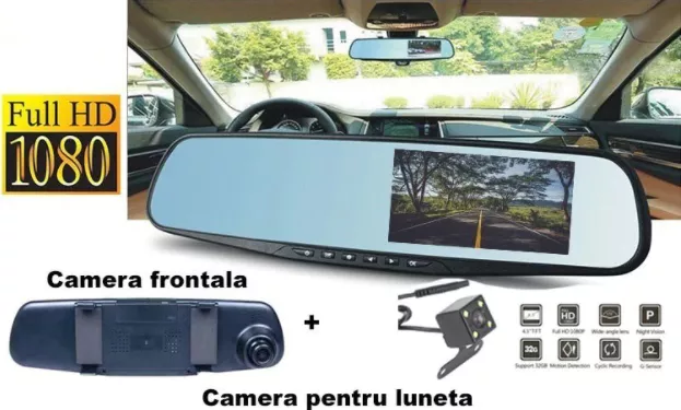 Camera Auto tip Oglinda LCD 4.3 inch Full HD 1080P G-sensor Lentila la ...