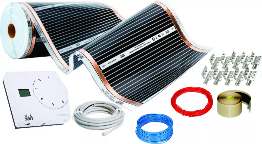 Kit incalzire in pardoseala pentru 15mp parchet cu folie carbonica 130W/mp + - cel.ro