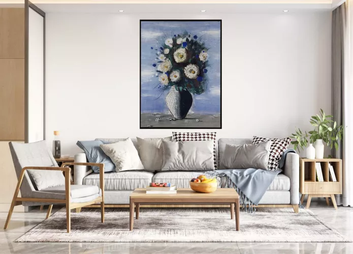 Tablou canvas Intaglio color Clasic Vaza cu flori albe print pe panza ...